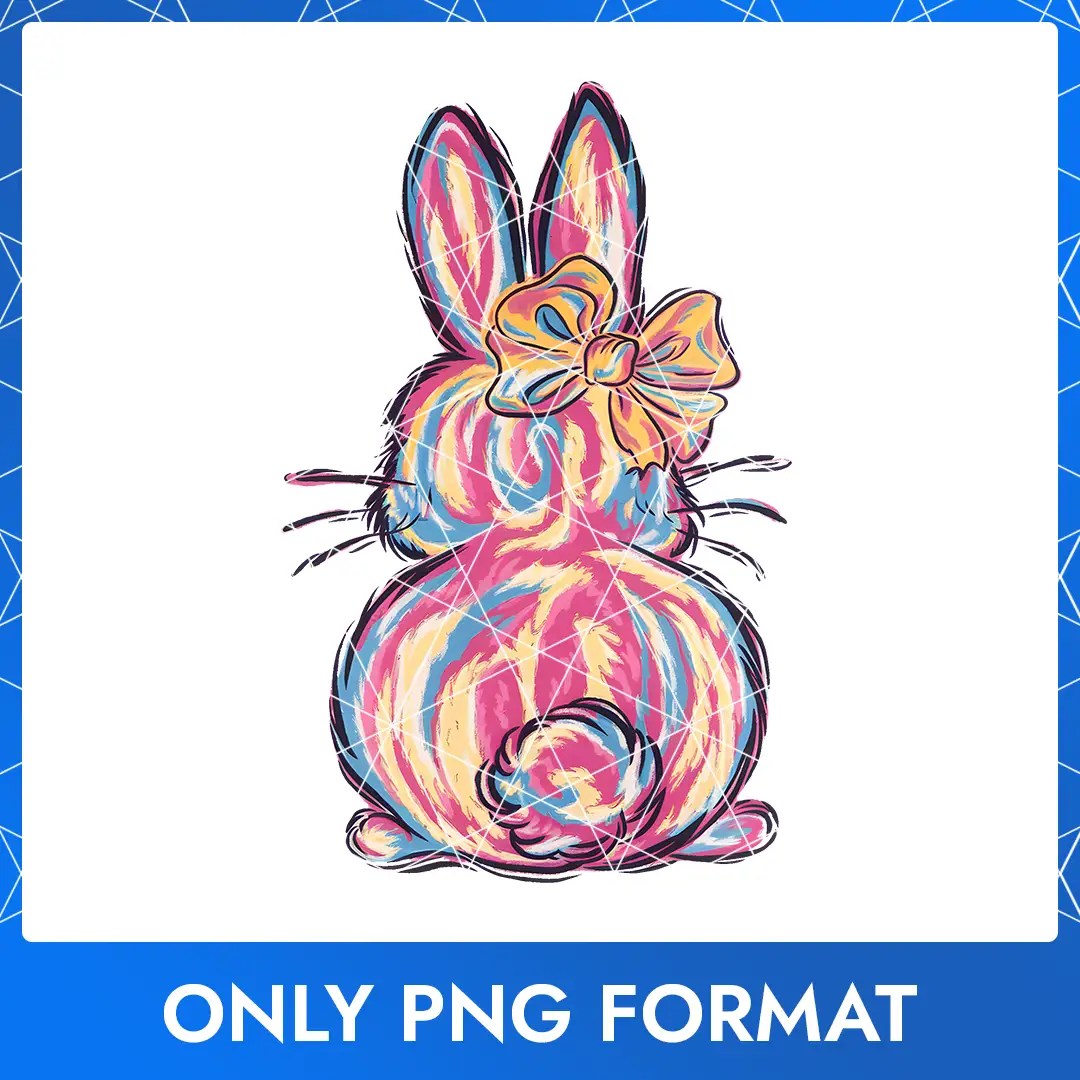 Rainbow-Colored Easter Bunny with a Vibrant Yellow Bow PNG