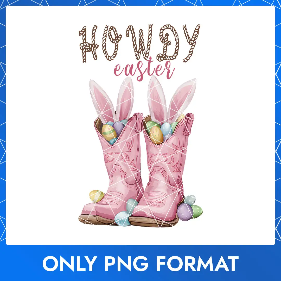 Howdy Easter - Pink Cowboy Boots with Bunny Ears & Eggs PNG