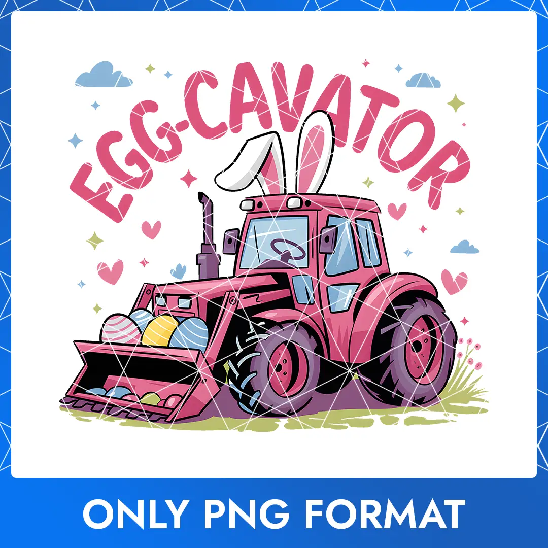 Pink Tractor with Bunny Ears Carrying Easter Eggs – Eggscavator Design